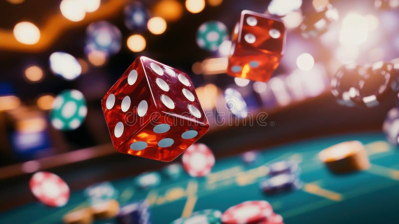 Red Dice are Captured Mid-air As they Fly Over a Craps Table ...