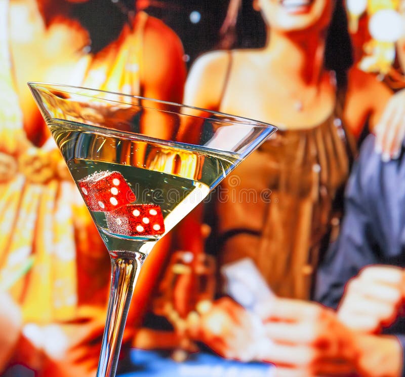 Red Dice in the Cocktail Glass in Front of Gambling Table Stock Image ...