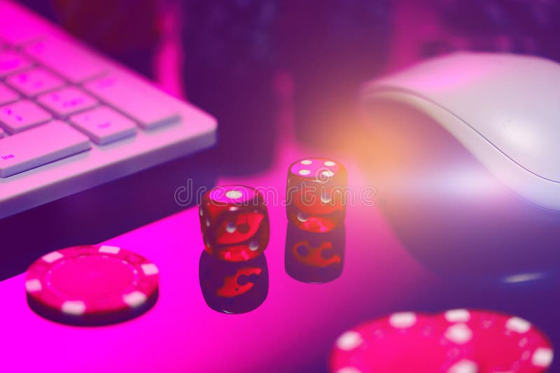 Red Dice on a Pink Surface with a Computer Keyboard and Mouse Stock ...