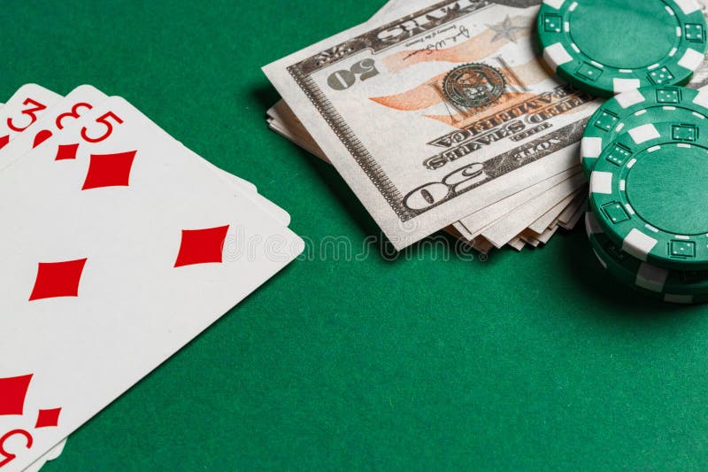 Red Dice, Playing Cards, and Chips on Green Felt Tabletop Stock Photo ...