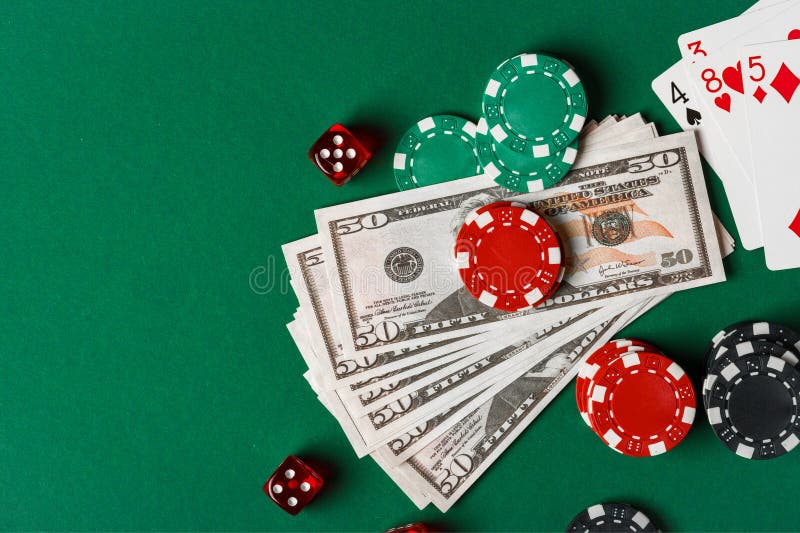 Red Dice, Playing Cards, and Chips on Green Felt Tabletop Stock Image ...