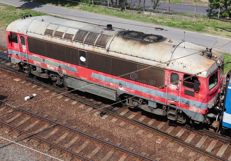 Red Diesel Engine from Above the Bridge Stock Photo - Image of siding ...