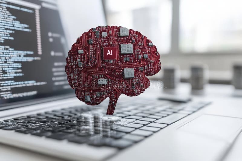 Red Digital Brain Embedded Circuits Hovering Over Laptop Keyboard ...