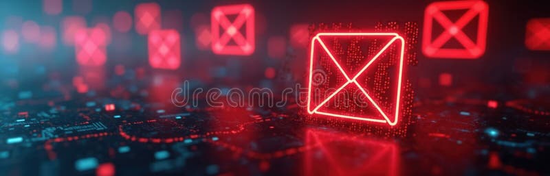 Red Digital Email Envelope Icon on Dark Tech Background. Glowing ...
