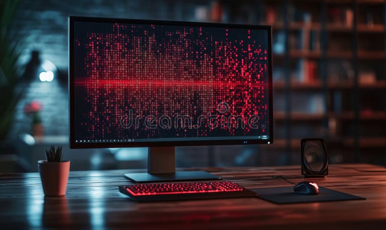 Red Digital Matrix Display on Modern Computer Setup in Cozy Workspace ...