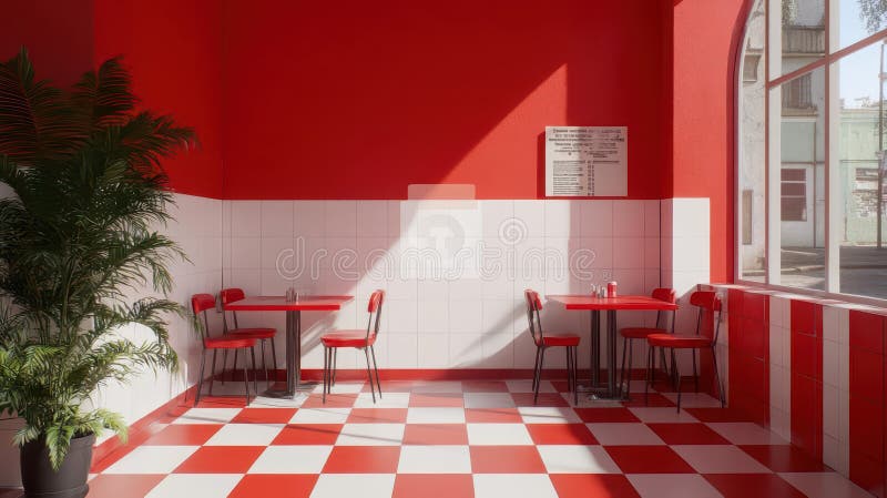 Red Diner, Checkered Floor, Retro Cafe Stock Image - Image of clean ...