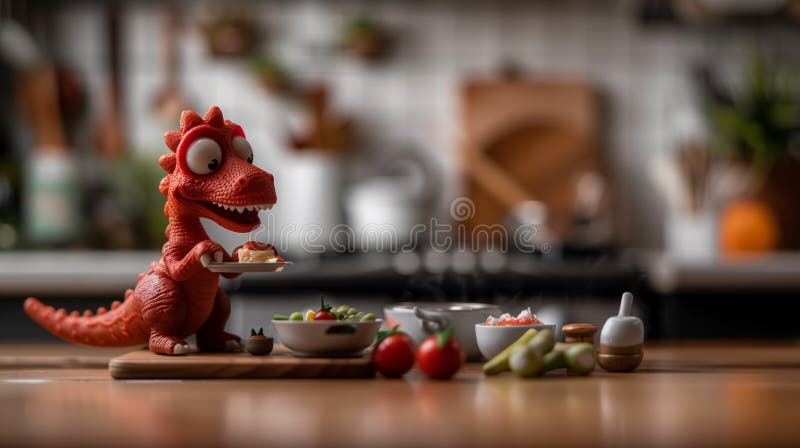 A Red Dinosaur Chef Prepares a Miniature Meal in a Tiny Kitchen Stock ...