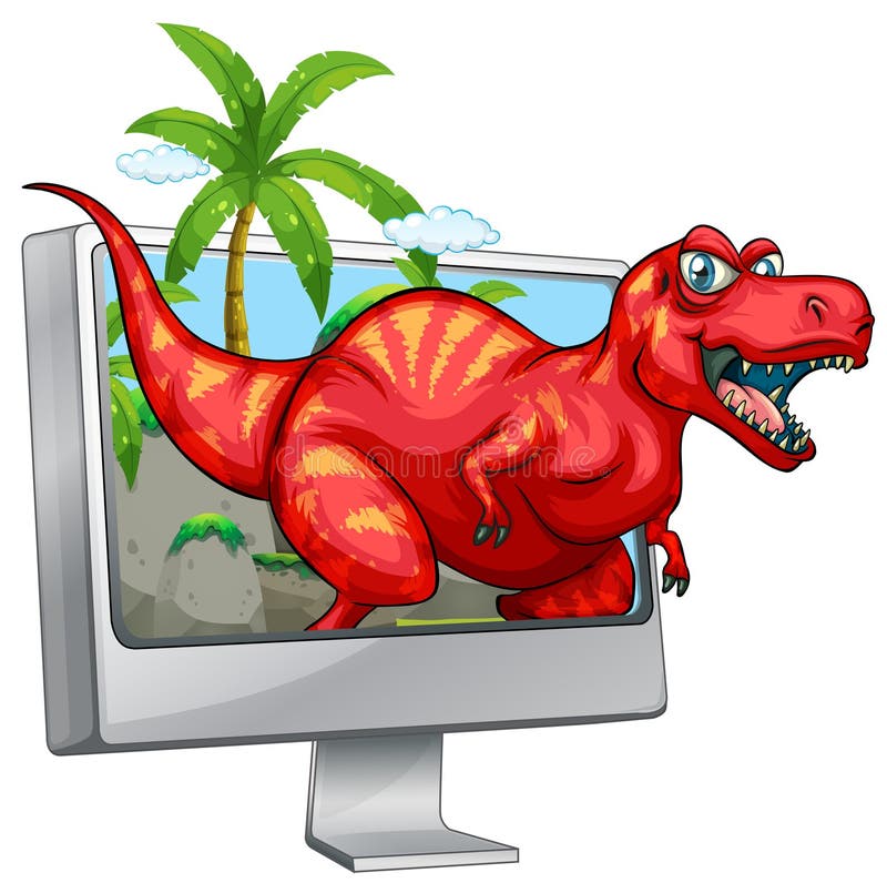 Red Dinosaur Coming Out of Computer Screen Stock Vector - Illustration ...