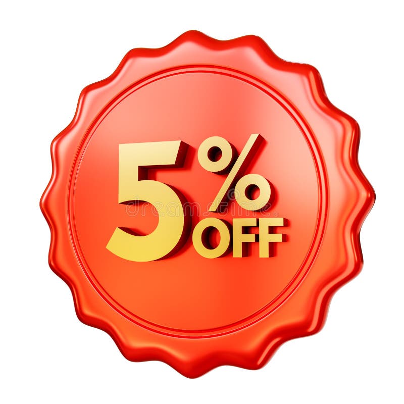 Red Discount Badge 5 OFF Isolated on White Background. 3D Render. Stock ...
