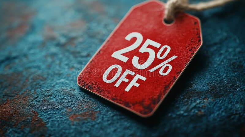 Red Discount Tag with 25 Off on Textured Background. Stock Photo ...