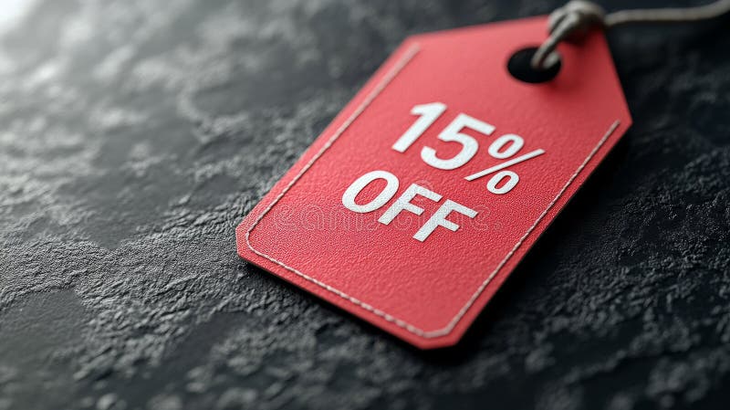 Red Discount Tag with 15 Off on Textured Surface. Stock Image - Image ...