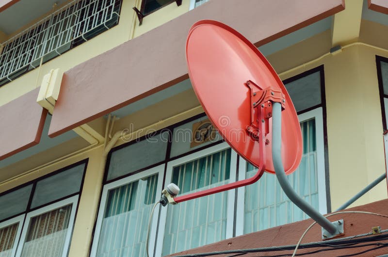 Red Dish Satellite Receiver Stock Photo - Image of communication, house ...