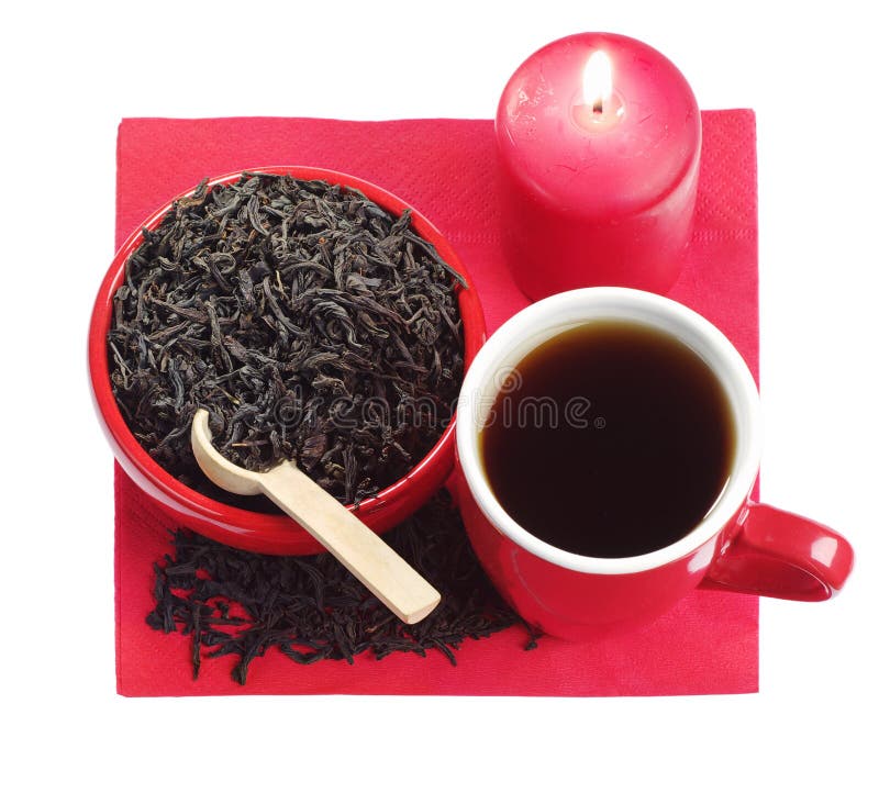 Red Dishes with Black Tea and a Burning Candle Stock Image - Image of ...