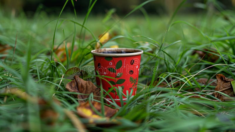 Red Disposable Coffee Cup Discarded in Grass, Highlighting ...