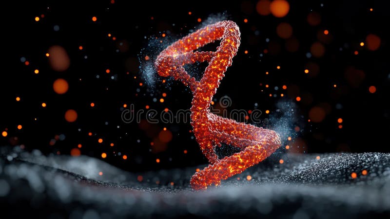 Red DNA Strand Glowing with Particles on a Dark Background Stock ...