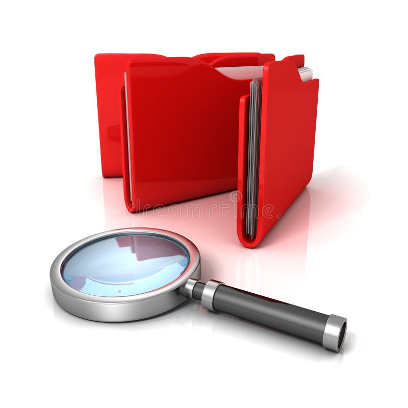 Red Document Paper Folders with Magnifier Glass Stock Illustration ...