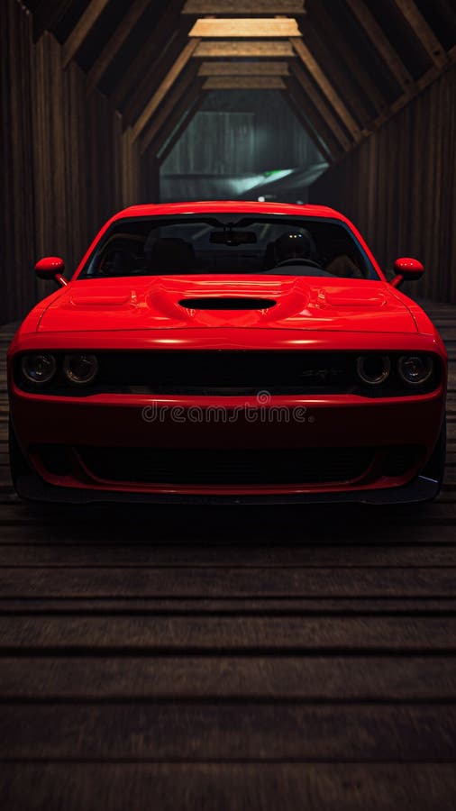 Red Dodge Charger Parked in Front of a Large Garage, Its Front Facing ...