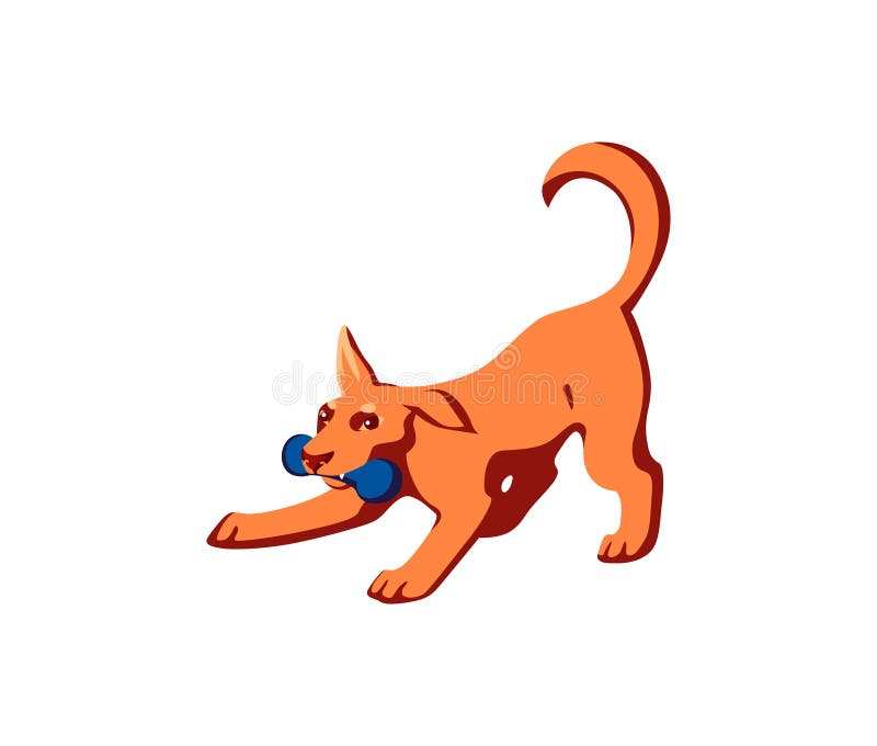 Red Dog Playing with a Toy Blue Bone Shaped. Vector Modern Flat Pets ...