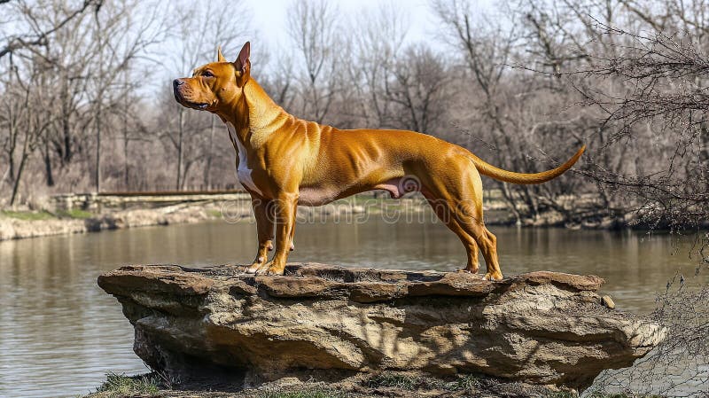 Red Dog Posing on Rock by River, Spring Park Stock Photo - Image of ...