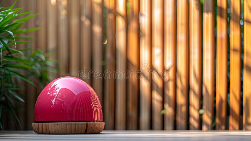 Red Dome-shaped Decorative Object with Wooden Base on Patio Table Stock ...