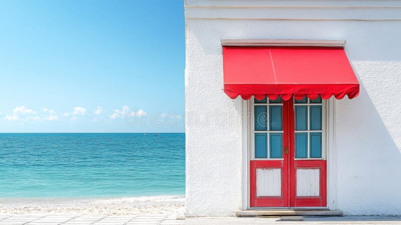 Red Door Beach House with Ocean View Stock Illustration - Illustration ...