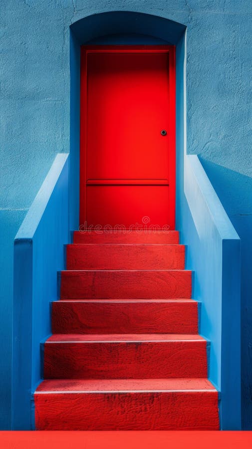 A Red Door with Blue Steps Leading Up To it in Front of a Wall, AI ...