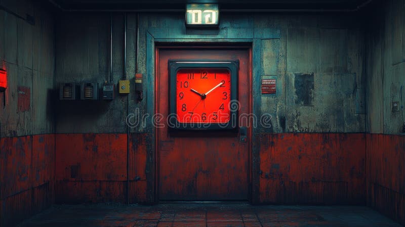 A Red Door with a Clock on it in a Dark, Rundown Hallway Stock Photo ...