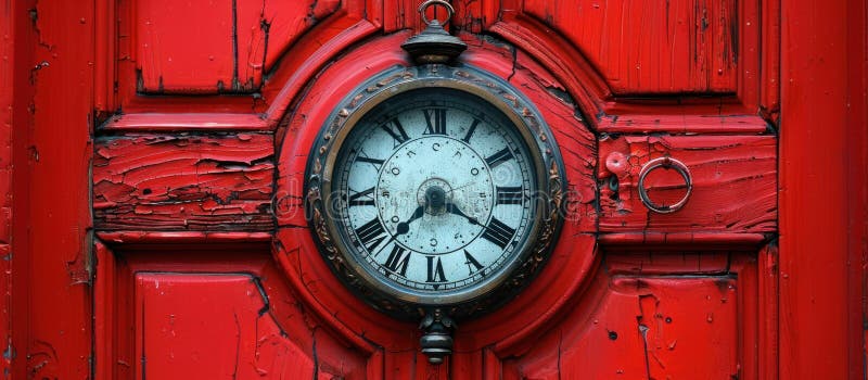 Red Door with Clock stock photo. Image of timepiece - 309951618