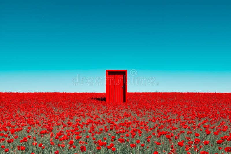 A Red Door in a Field of Red Flowers Stock Image - Image of wood ...