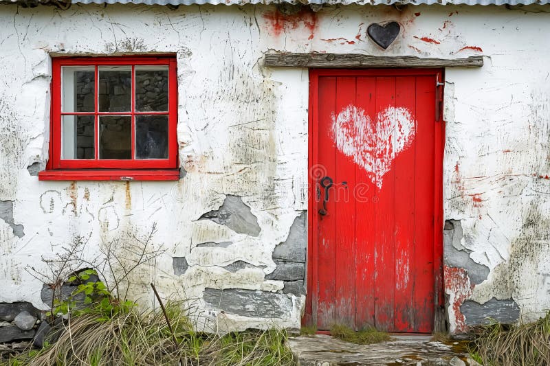 A Red Door with a Heart Painted on the Side of a White Building ...
