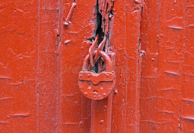 Red door with lock stock image. Image of abstract, crack - 110963927