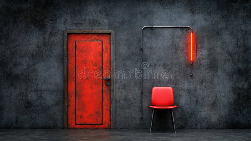 Red Door Neon Light and Chair Against a Dark Textured Wall Stock ...