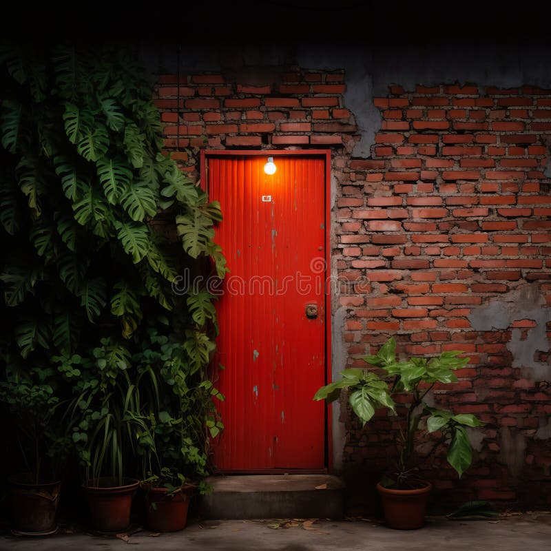 A Red Door is Open in Front of a Brick Wall Stock Illustration ...