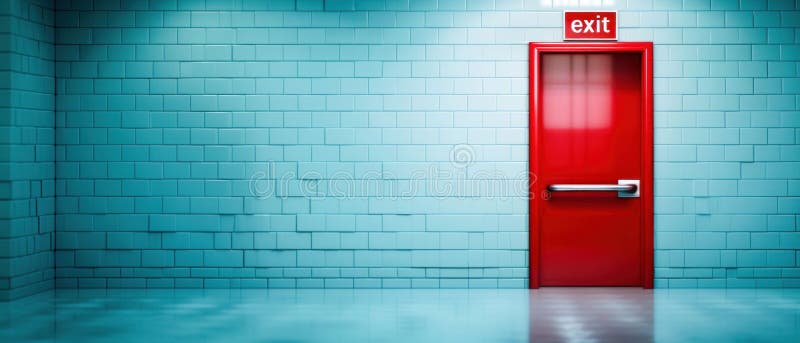 A Red Door with the Words Fire Exit Written on it in a Tiled Hallway ...
