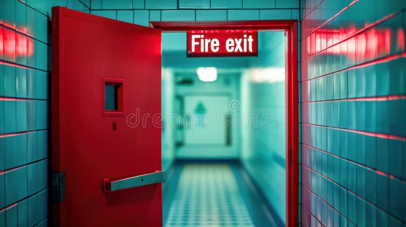 A Red Door with the Words Fire Exit Written on it in a Tiled Hallway ...