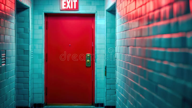 A Red Door with the Words Fire Exit Written on it in a Tiled Hallway ...