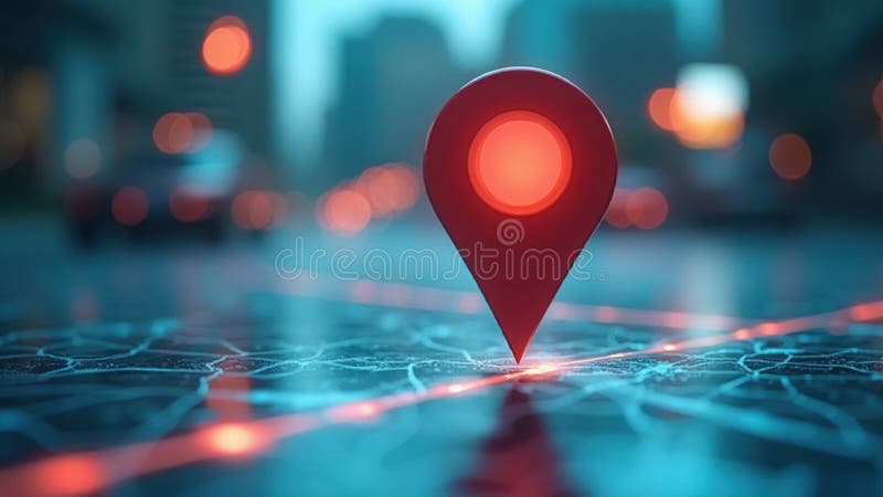 Red Dot on a Blue Background with a City in the Background Stock Photo ...