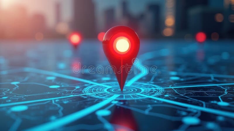 Red Dot is on a Blue Map, with a City in the Background Stock Image ...