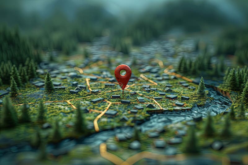 Red Dot on a Map of a Forest with Houses and a River Stock Illustration ...