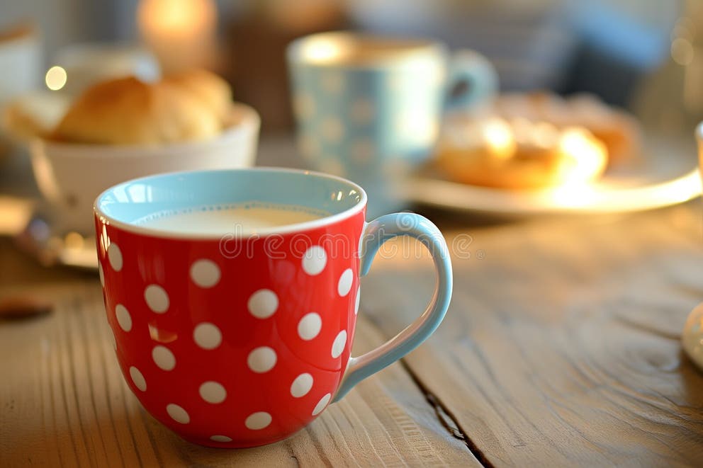 A Red Dotted Cup Full of Milk Kefir on a Table, with Breakfast in the ...