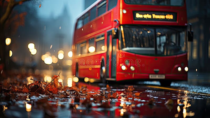 A Red Double Decker Bus Driving Down a Wet Street. Generative AI Image ...