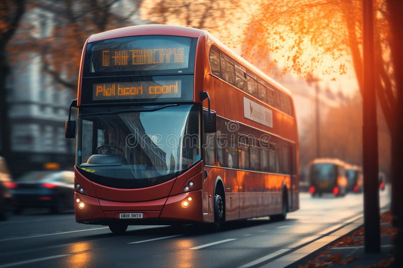 Red Double Decker Bus on the Road in London at Sunset Stock ...