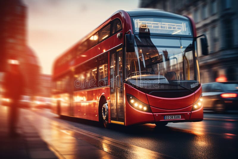 Red Double Decker Bus on the Road in London at Sunset Stock ...