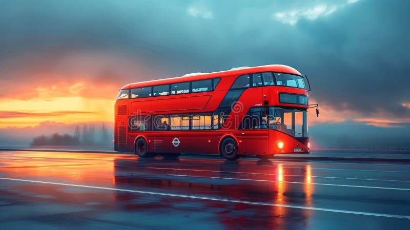 Red Double Decker Bus on Wet Road with Sunset, Minimalistic Public ...