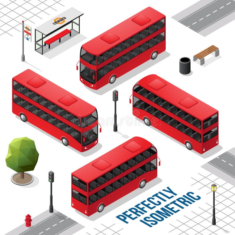 Red Double Decker Isometric Bus from the Front Back Right and Left ...