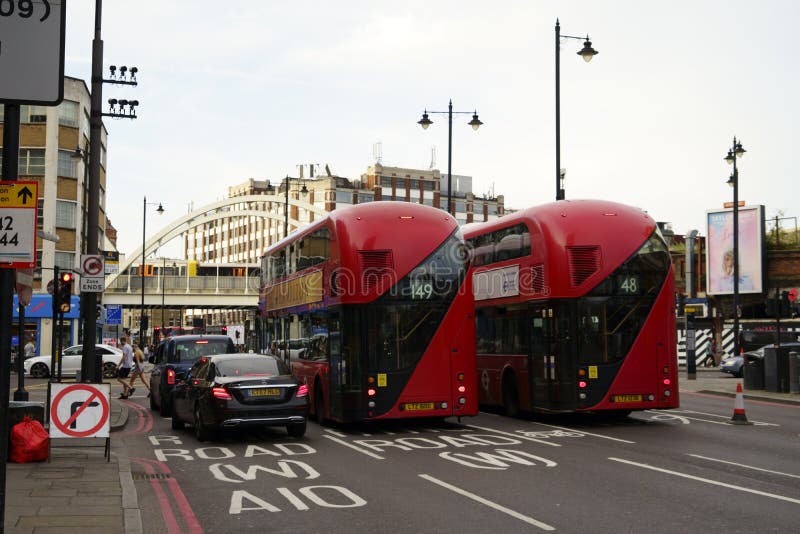Red Double Deckers in Central Bus Stop Stratford Editorial Photography ...