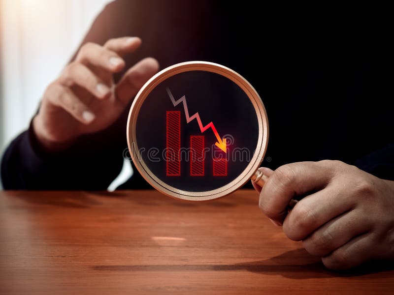 Red Down Arrow, Decrease Business Graph Down Step, Finance Diagram in Magnifying Glass Lens in ...