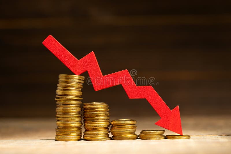 Red Down Arrow. Stack of Gold Coins, Steps Down Stock Photo - Image of ...