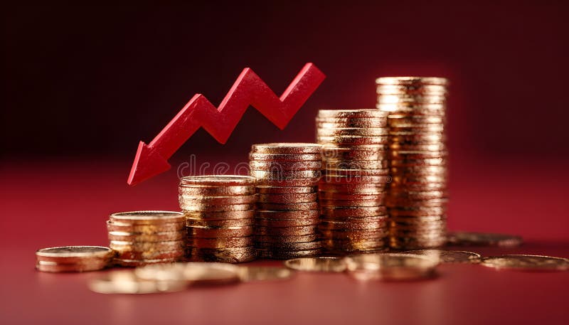 Red Down Arrow. Stack of Gold Coins, Steps Down Stock Photo - Image of ...