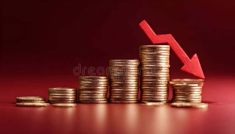 Red Down Arrow. Stack of Gold Coins, Steps Down Stock Image - Image of value, decrease: 395644001